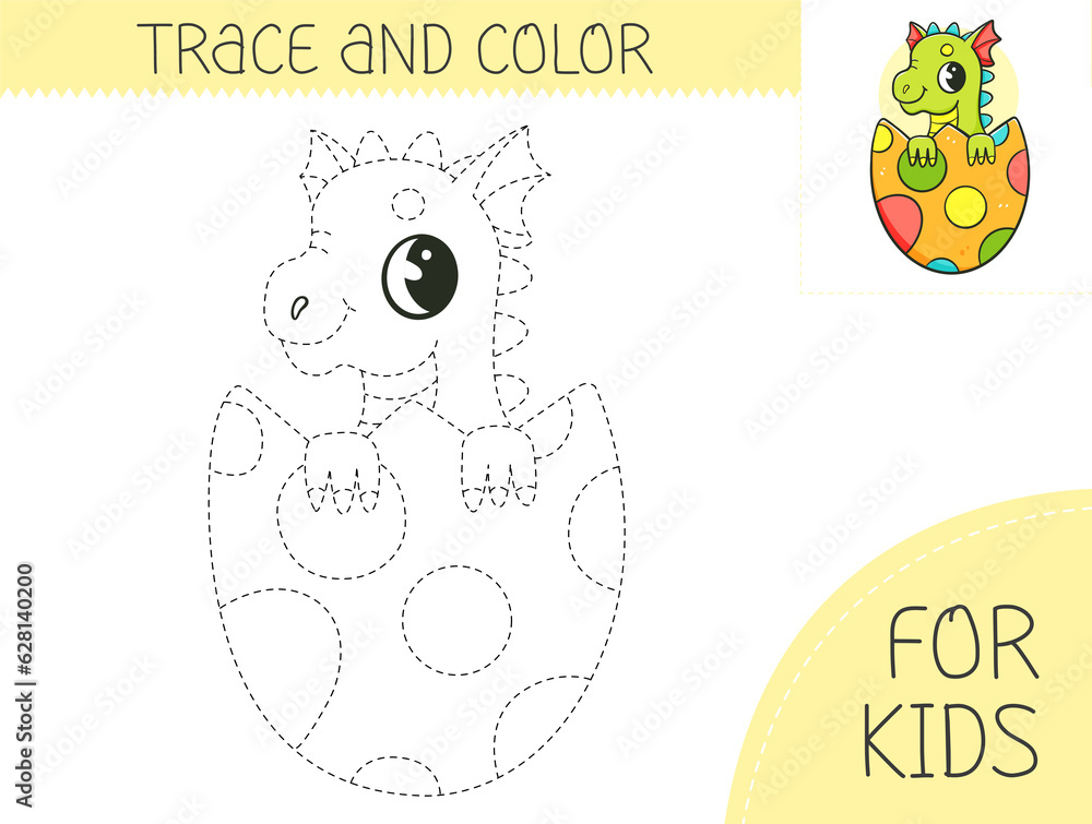 Trace and color coloring book with cute dragon in the egg for kids ...