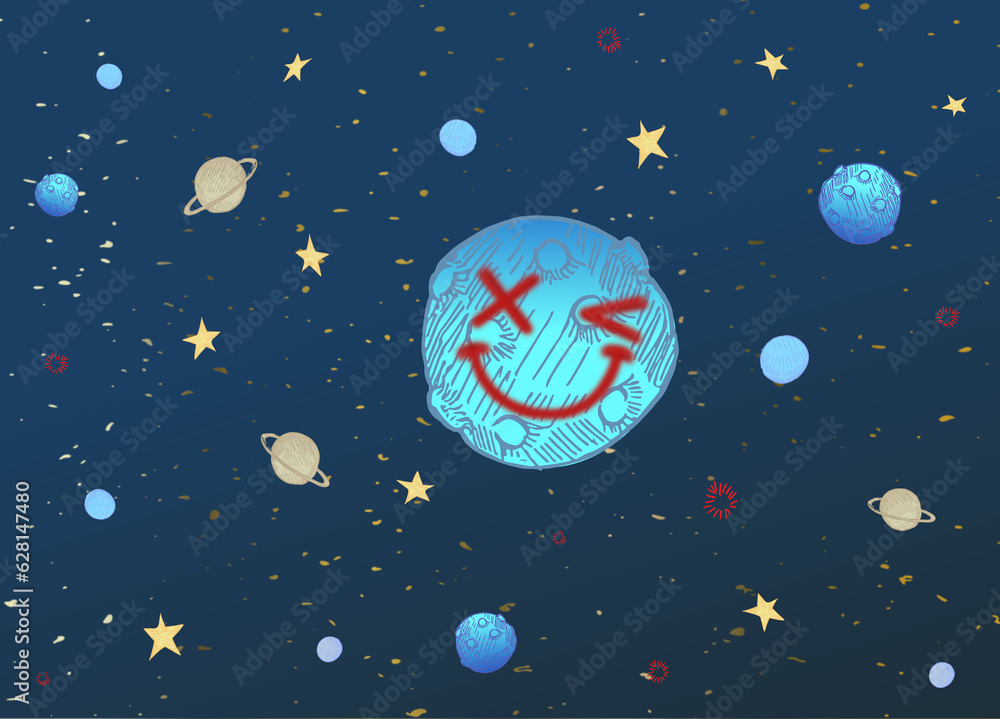 ภาพประกอบสต็อก A smiley face emoji is drawn on an asteroid surrounded ...