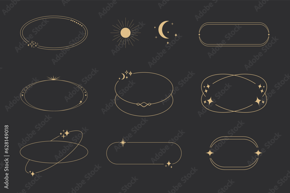 Set golden celestial frames, borders, arch line art esoteric minimal decoration with sparkles ...