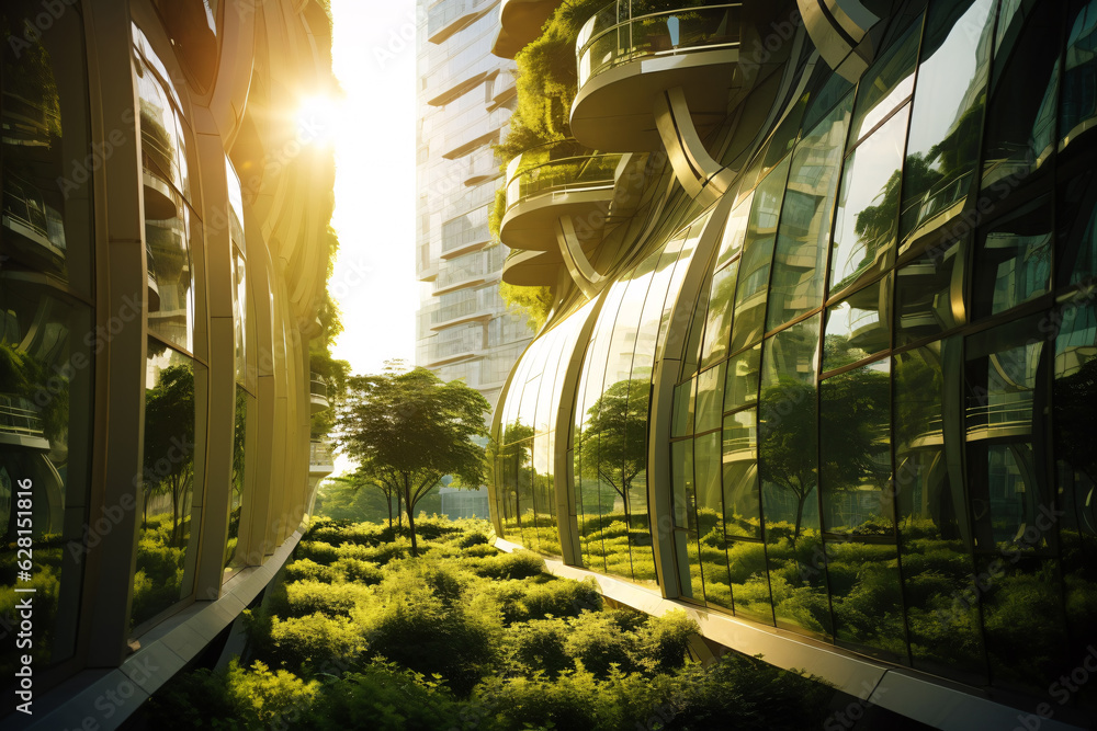 Eco-friendly building in the modern city. Sustainable glass office ...