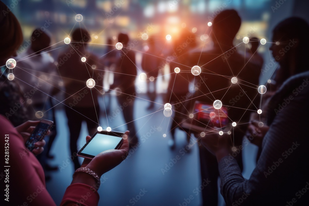 vibrant crowd, people holding smartphones representing connected ...