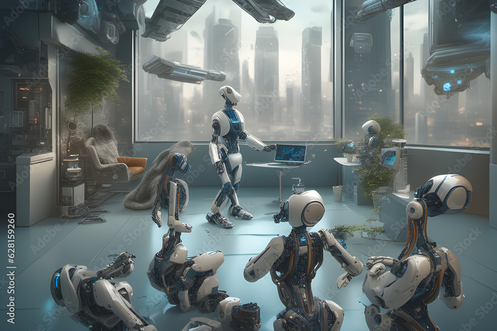 depicting artificial intelligence and robotic technology interacting in ...