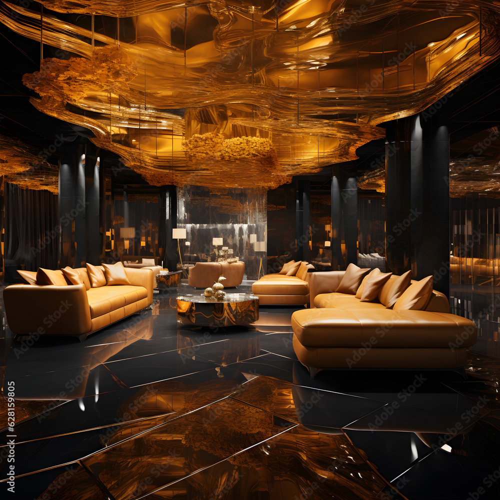 vip lounge interior based on amber crystals long chandelier Stock Photo ...