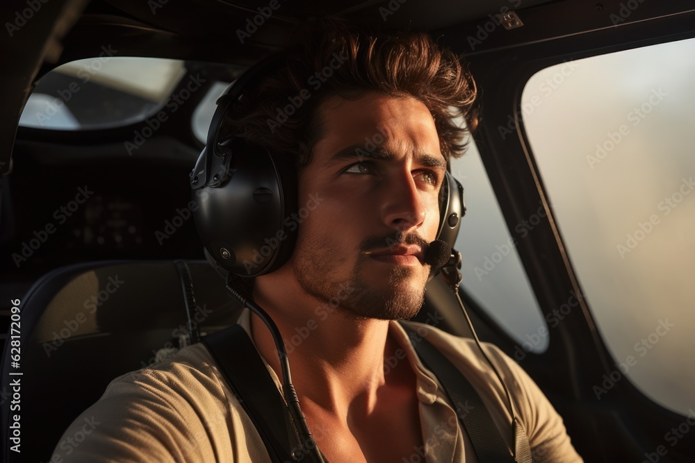 a handsome american white male model pilot flying a helicopter with ...