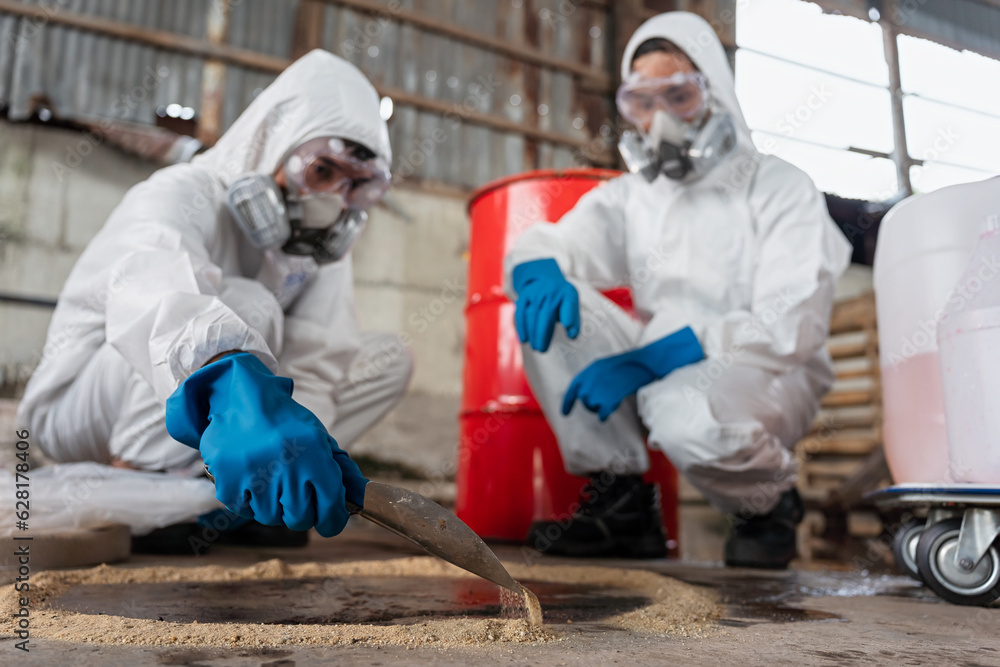 A team of two chemists, wearing PPE suits and gas masks, recover a ...