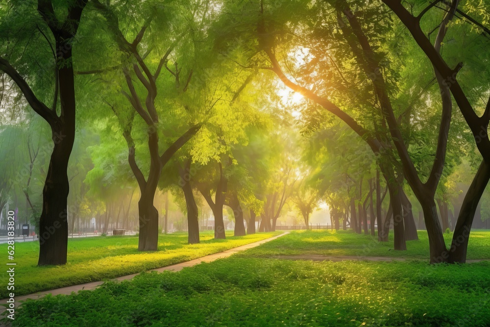 Beautiful public park with green grass field on morning light Created ...
