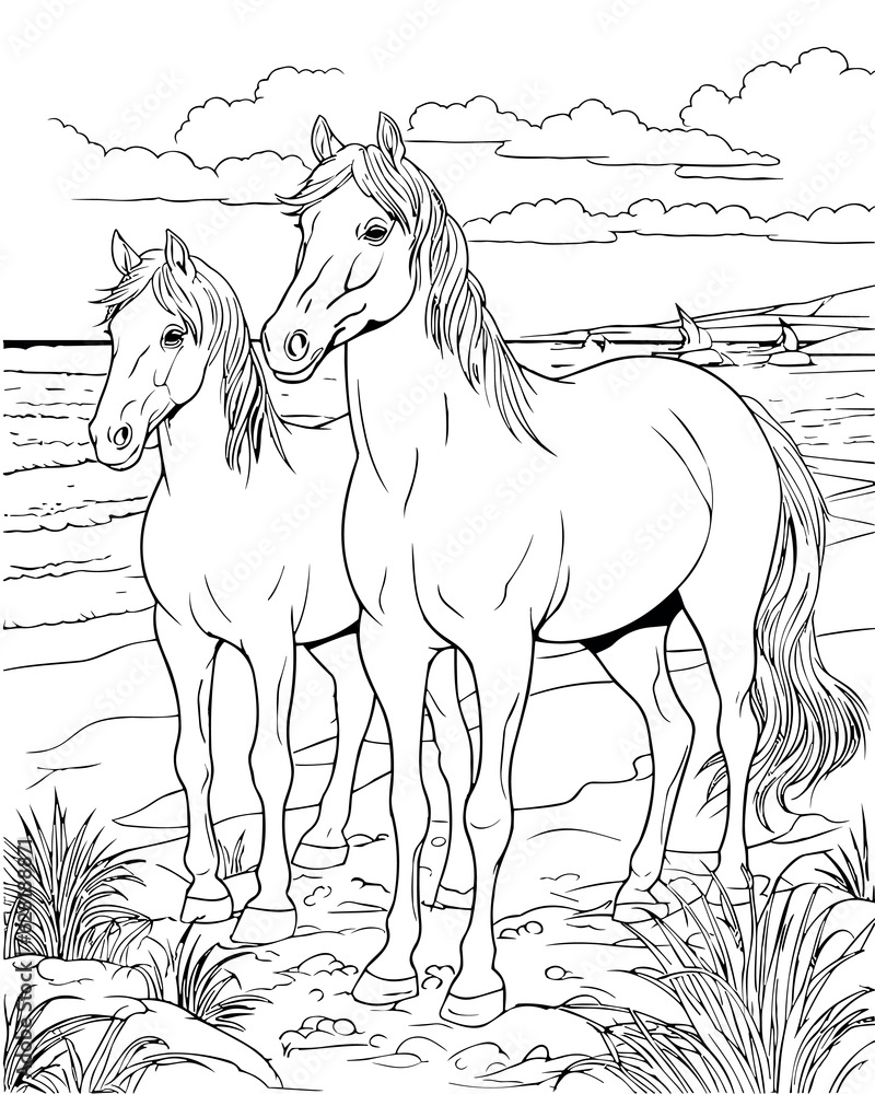 Horses in the beach coloring page - coloring book Stock-Vektorgrafik ...