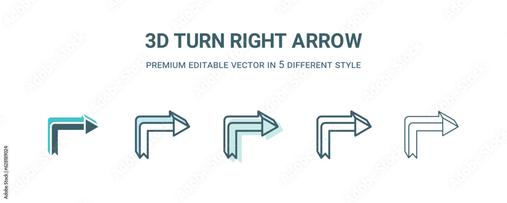 3d turn right arrow icon in 5 different style. Outline, filled, two ...