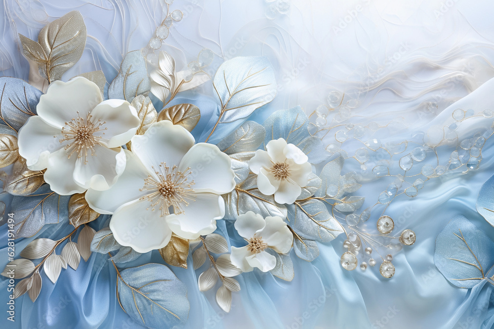 Decorative floral backdrop in blue and white colors, flowers background ...