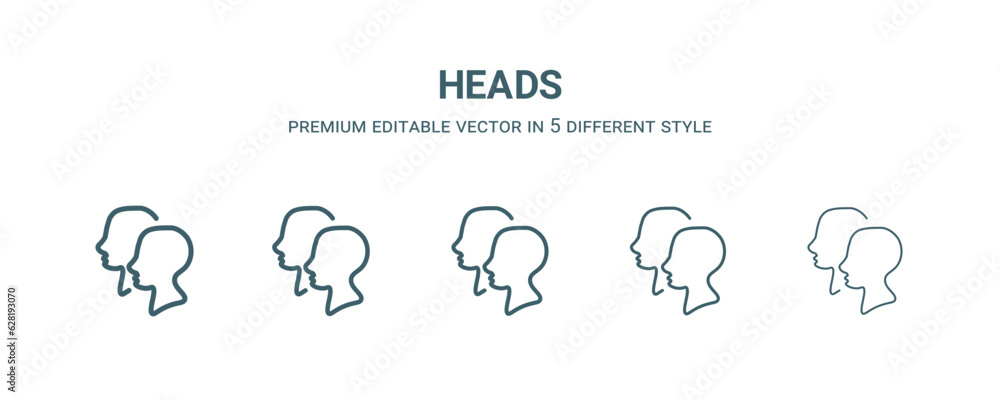 heads icon in 5 different style. Thin, light, regular, bold, black ...
