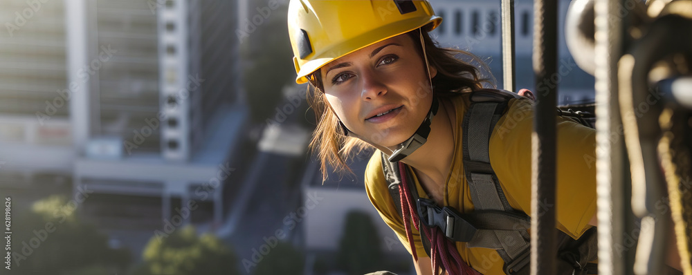 Daring young woman, high-rise window cleaner in safety harness, defying ...