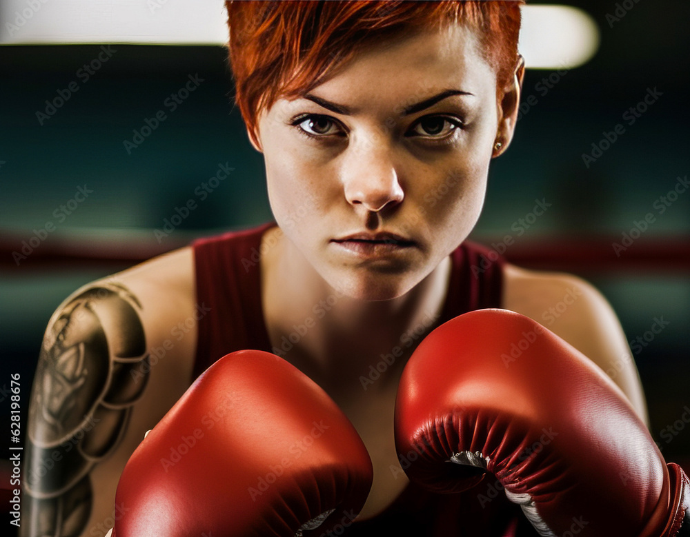 Determined red-haired female boxer in action pose, setting the ambiance ...