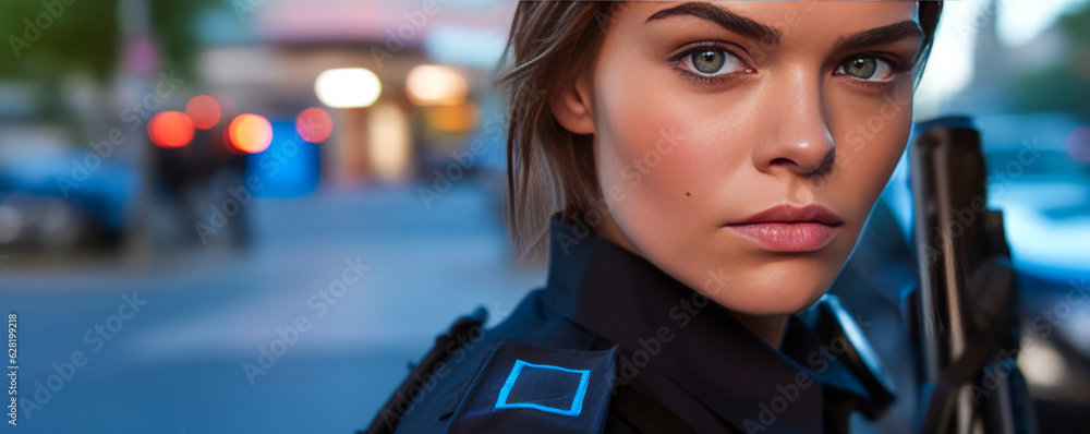 Dramatic portrait of intense female cop with icy blue eyes, holding ...
