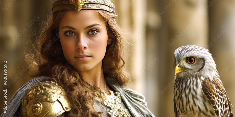 Majestic Athena-inspired young woman in silver armor, golden owl ...
