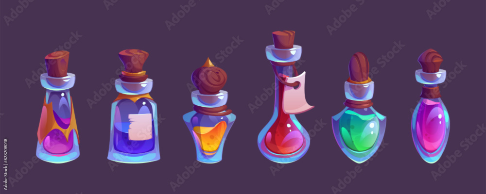 Cartoon set of elixir bottles isolated on black background. Vector ...