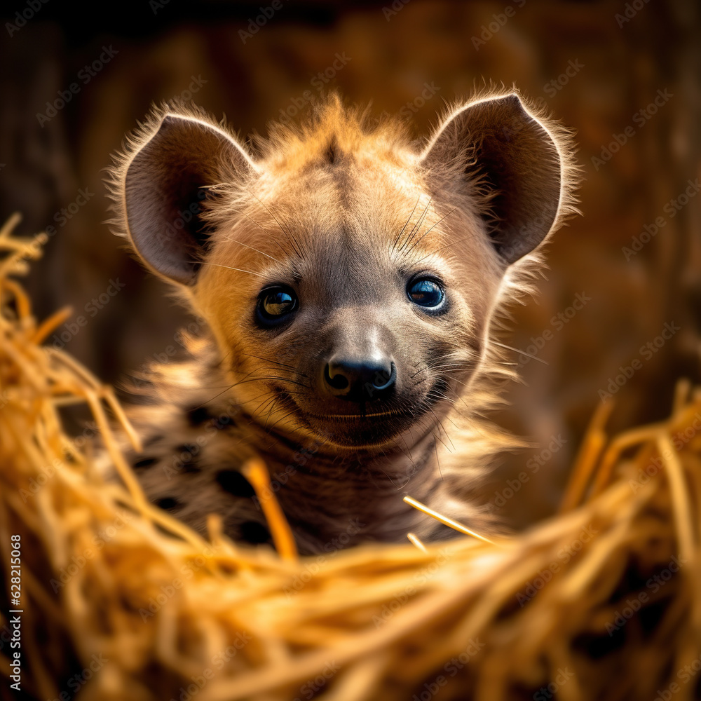 Prized portrait of baby hyena in nest. Intense cuteness of little hyena ...