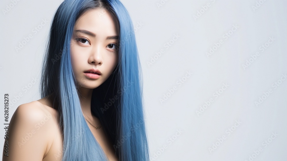 Beautiful woman with blue long hair bust up image on studio background ...