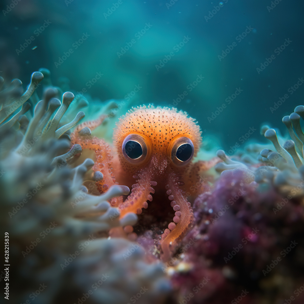 Prized portrait of baby octopus in coral nest. Intense cuteness of ...