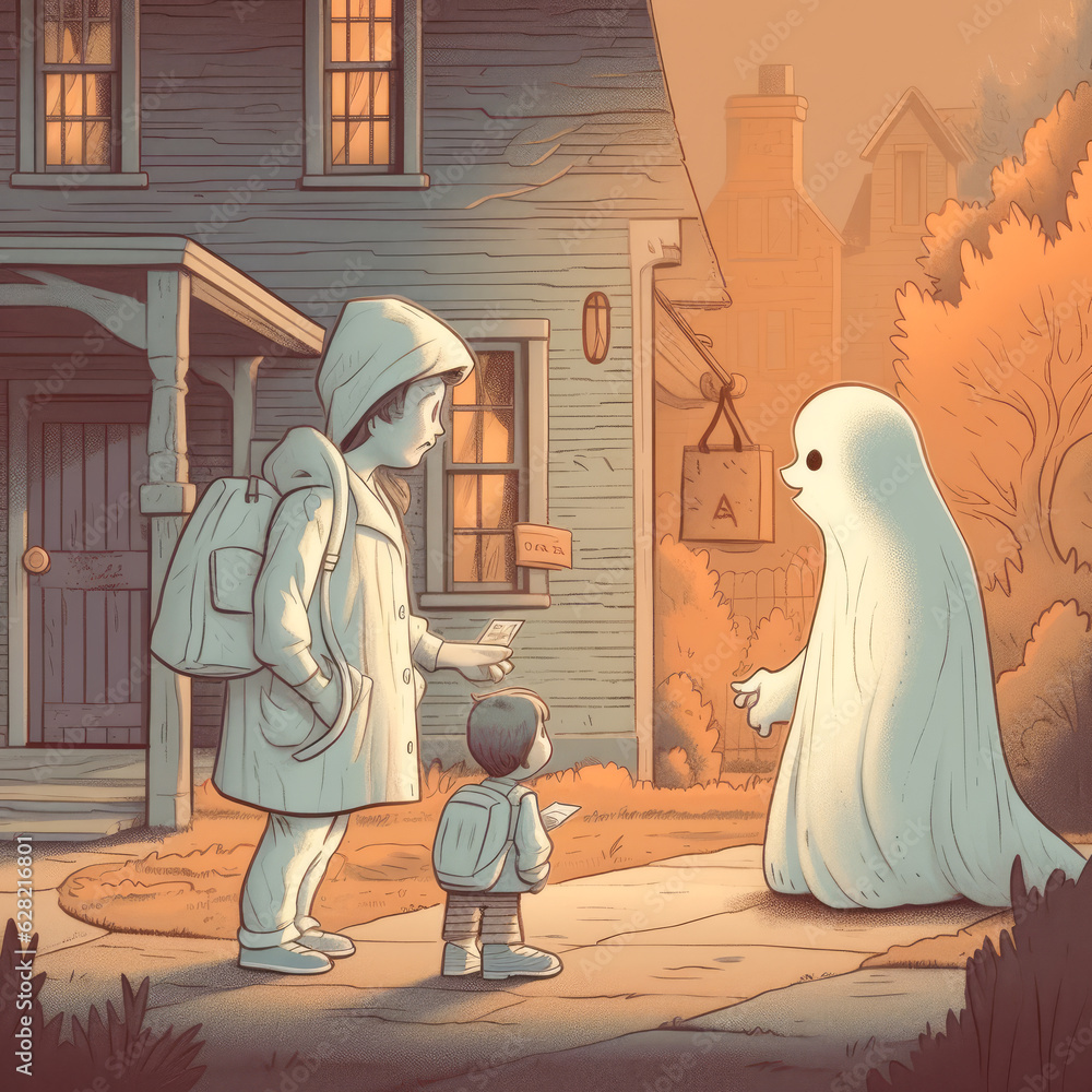 A heartwarming illustration of a friendly ghost helping a lost little ...