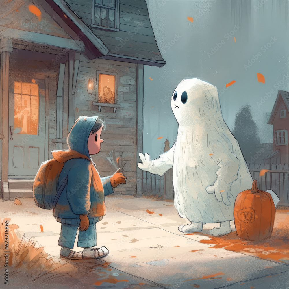 A heartwarming illustration of a friendly ghost helping a lost little ...