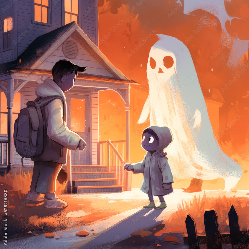 A heartwarming illustration of a friendly ghost helping a lost little ...