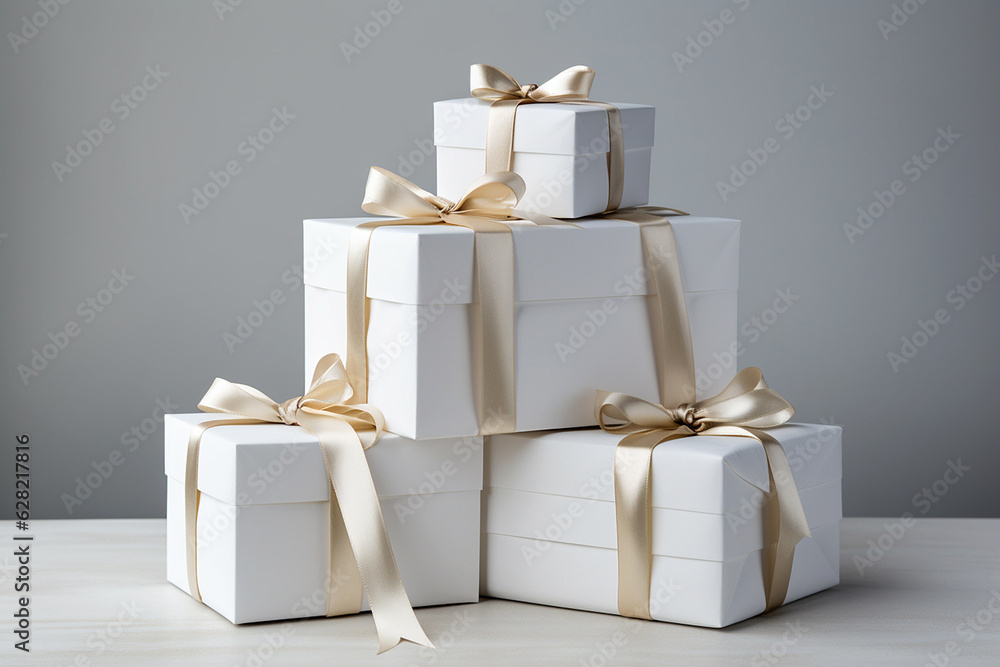 Stack of Christmas gift boxes. Heap of wrapped present boxes with bows ...