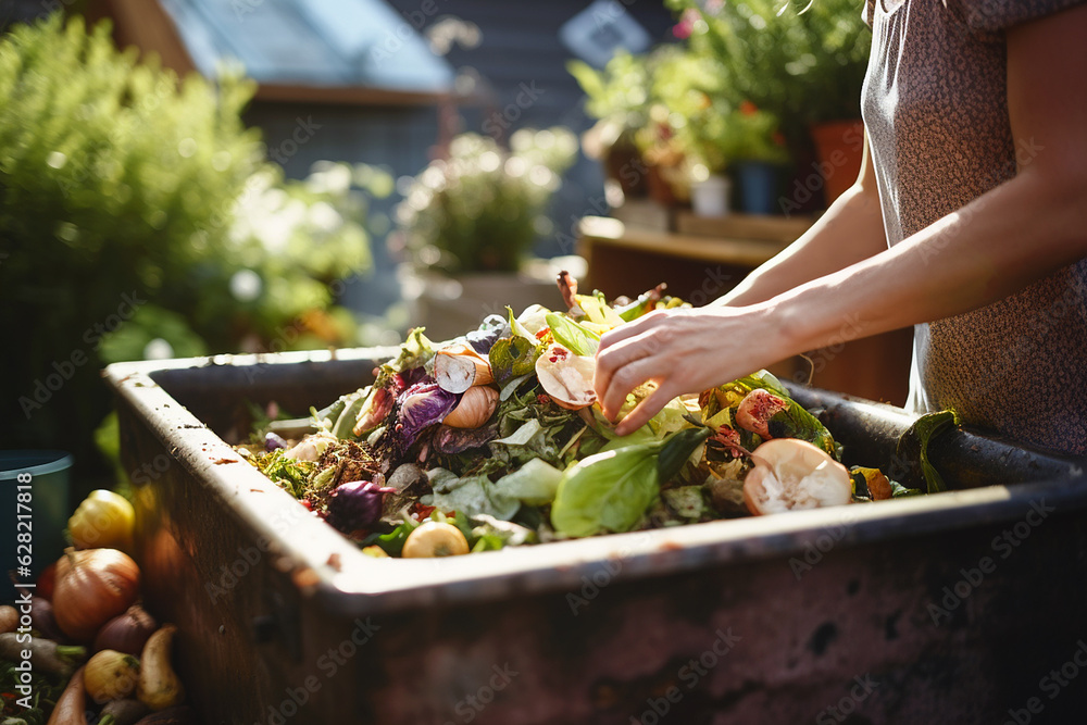 Woman composting food waste. Outdoor compost bin for reducing kitchen ...