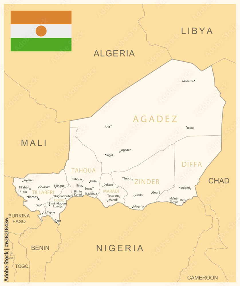 Niger - detailed map with administrative divisions and country flag ...