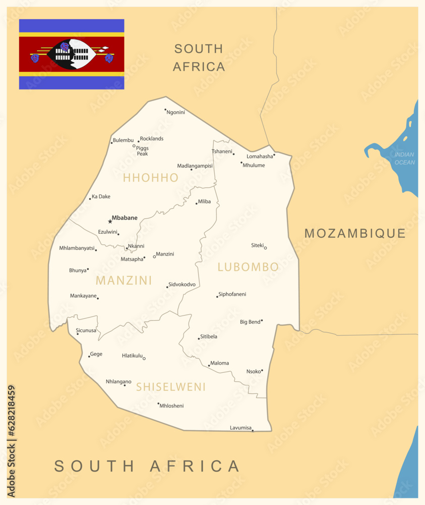 Eswatini - detailed map with administrative divisions and country flag ...