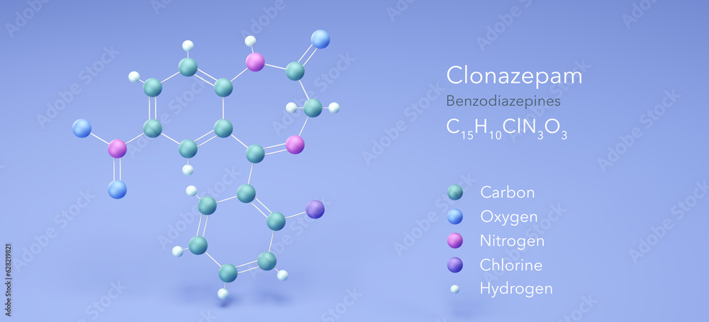 clonazepam molecule, molecular structures, benzodiazepines, 3d model ...