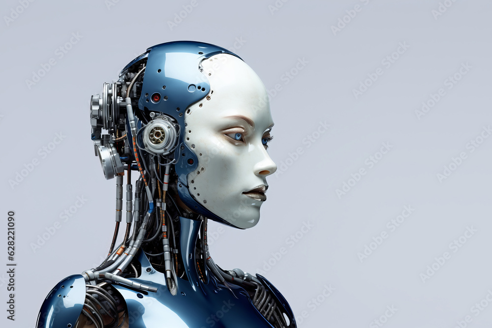 Android robot woman made of blue and white colour steel cybernetic ...