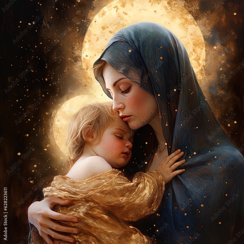 Mary and baby Jesus, golden lights and sparkles on black background ...