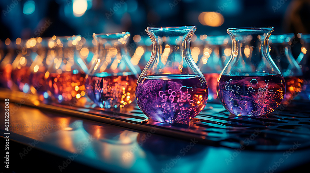 Chemistry Laboratory Setup featuring Laboratory Bottles and Beakers ...