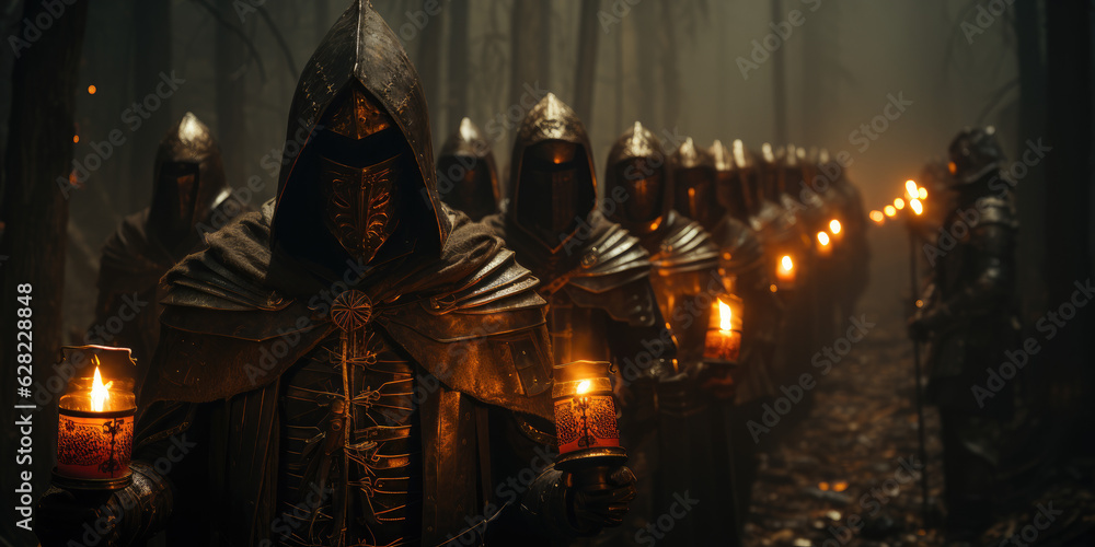templar knights inside dark forest with torches, ordinary looking, with ...