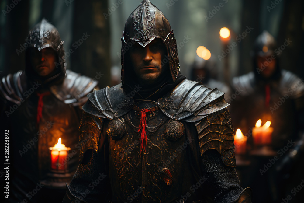 templar knights inside dark forest with torches, ordinary looking, with ...