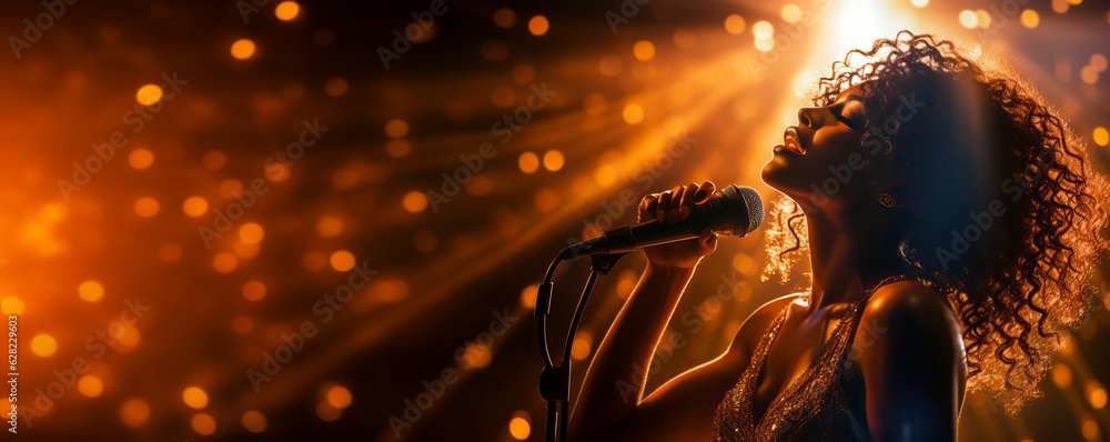 Beautiful African American female singer sings on stage in golden bokeh ...