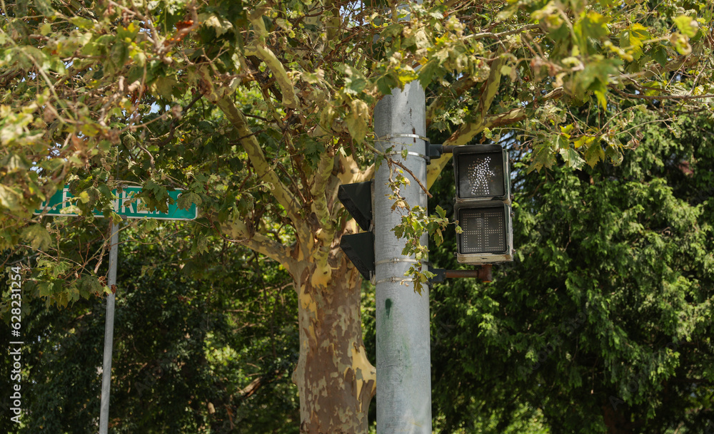 pedestrian traffic walking sign depicts city life, safety, and ...