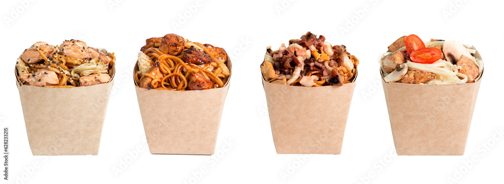 Foto de set of 3 different wok in a cardboard box. Asian fast food stir ...