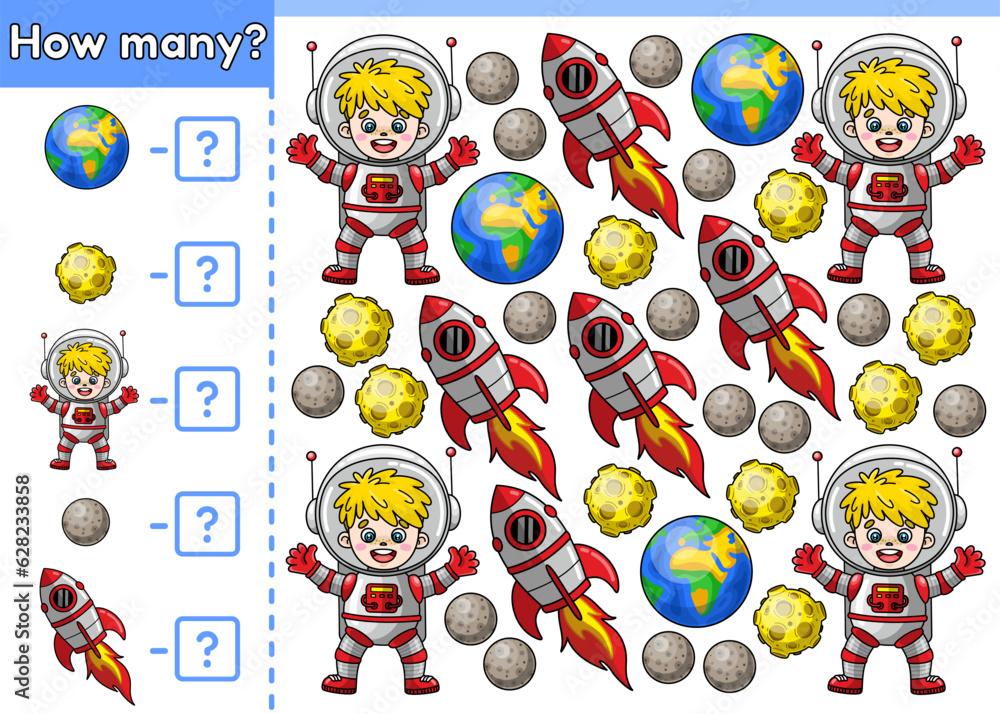 Counting game for children. Kids math game. How many space objects ...