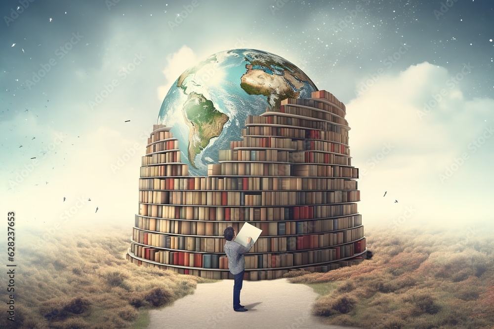 A fantastic library with books around the globe, a reader with a book ...