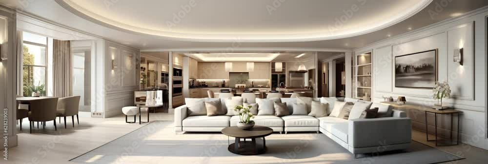 Panorama of luxury living room and dining area with sofa, armchair. 3d ...