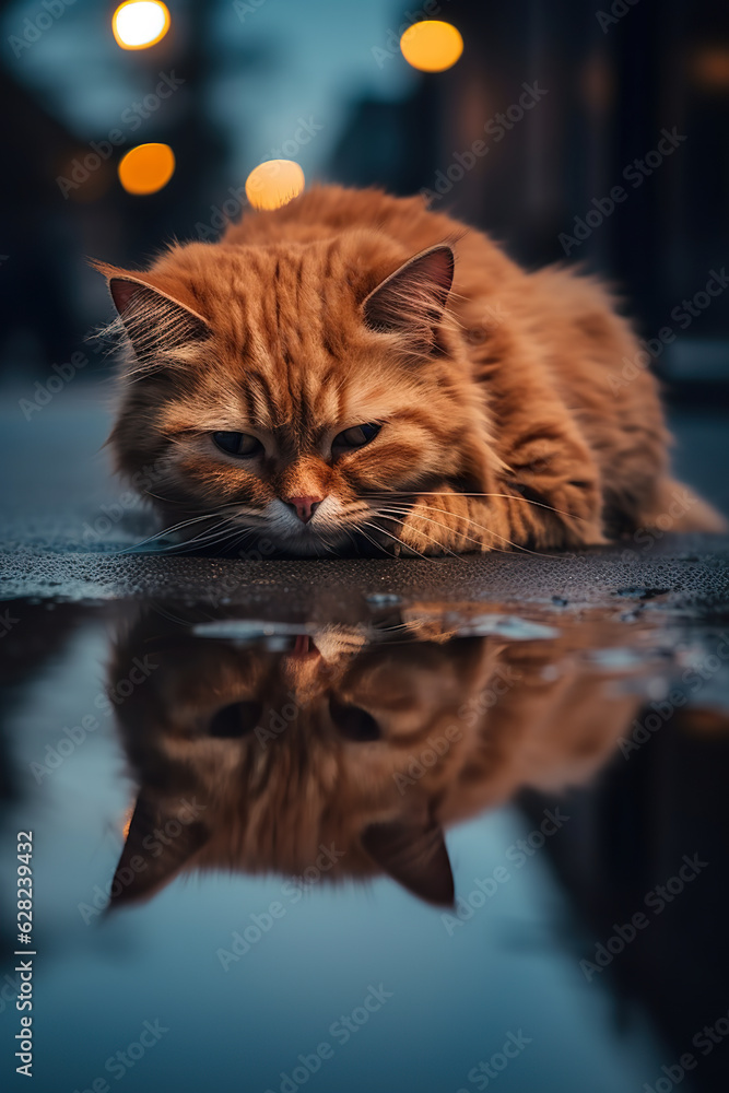 Sad cat lying down looking into a puddle of water at night. Sad kitten ...