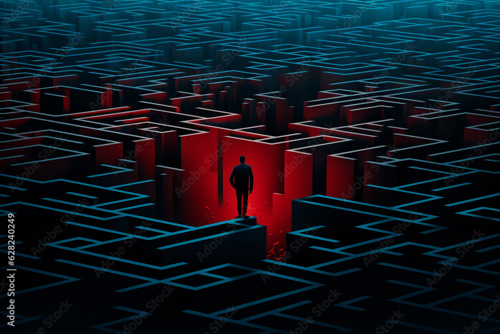 States of mind and psychology concept. Man silhouette in maze or ...