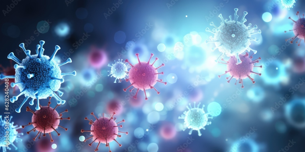 Pink and blue viruses and bacteria of various shapes, abstract medical ...