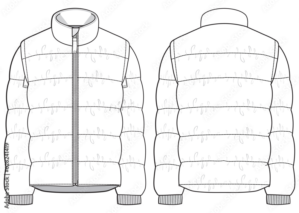 Puffer jacket design flat sketch Illustration front and back view ...
