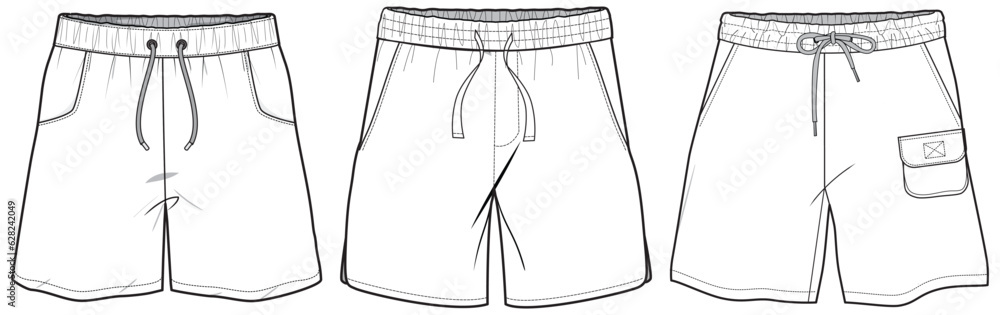 Men's shorts flat sketch fashion illustration front and back view ...