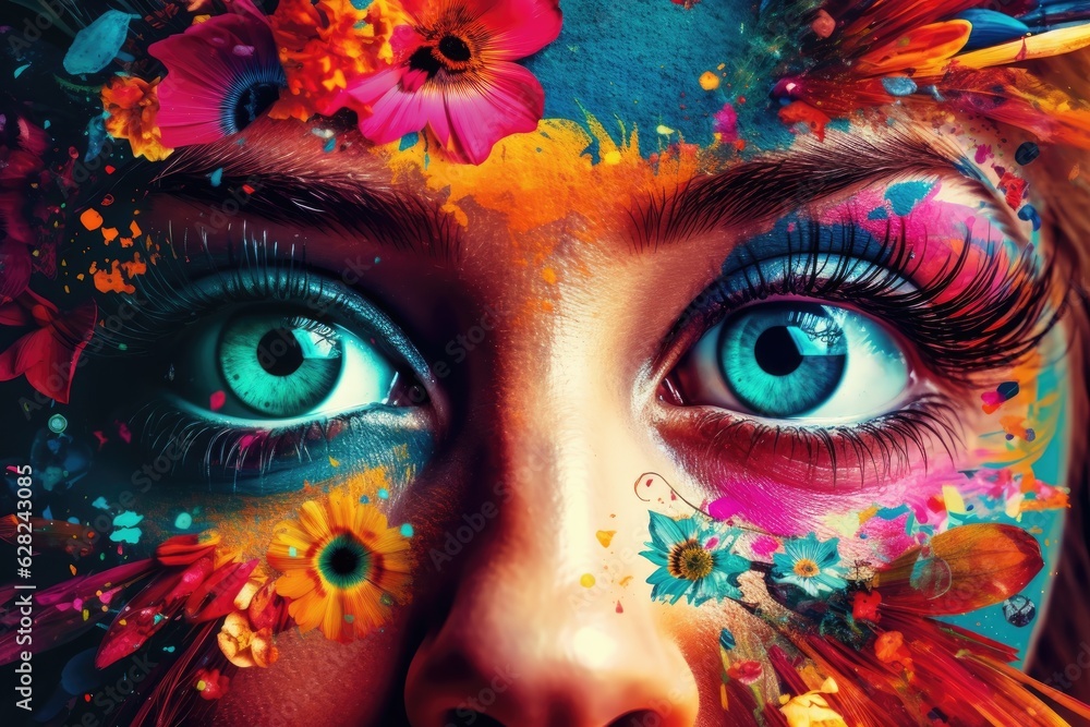 Visual art photo manipulation with woman and pink flowers on her head ...