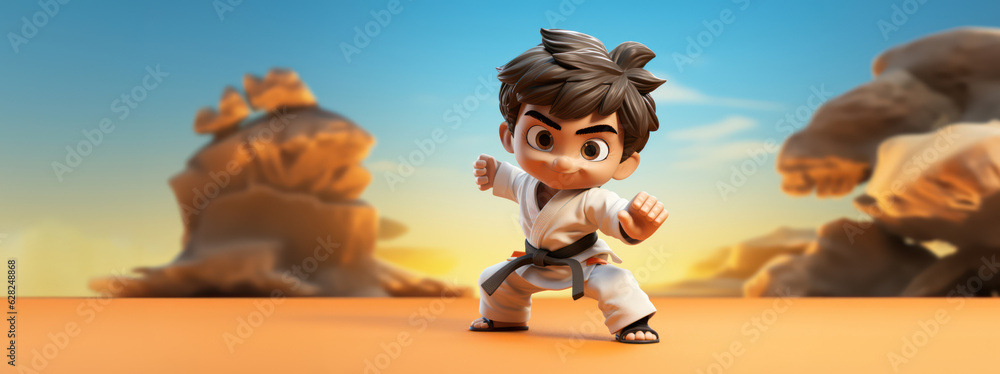 cartoon style young martial arts player boy in challenge pose for ...