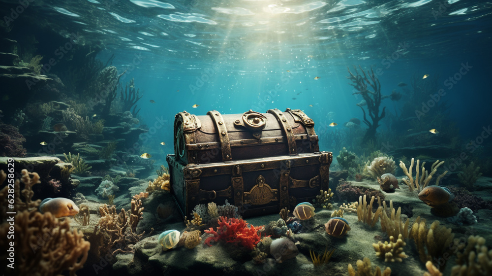 beautiful opened empty old wooden treasure chest submerged underwater ...