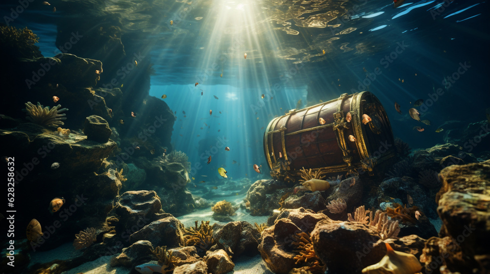 beautiful opened empty old wooden treasure chest submerged underwater ...